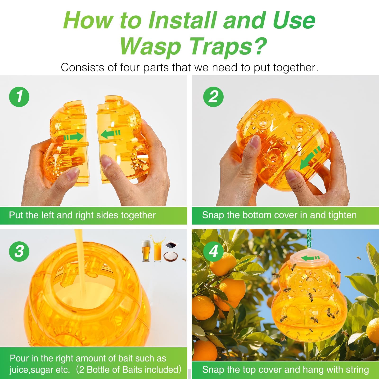 Wasp Trap with 2 Baits β Reusable Hornet Catcher for Outdoor Use, Effective Carpenter Bee Deterrent, Ideal for Gardens and Patios 2 Packs