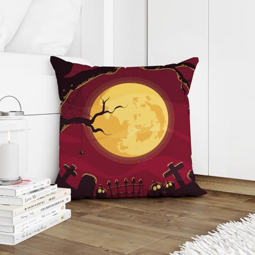 Halloween Moon Pillow Covers Cute Ghost Pumpkin Moon Living Room Bedroom Dorm Pack of 2 Washable Soft Linen Pillow Covers Couch Decorative,red,18x18 Inch