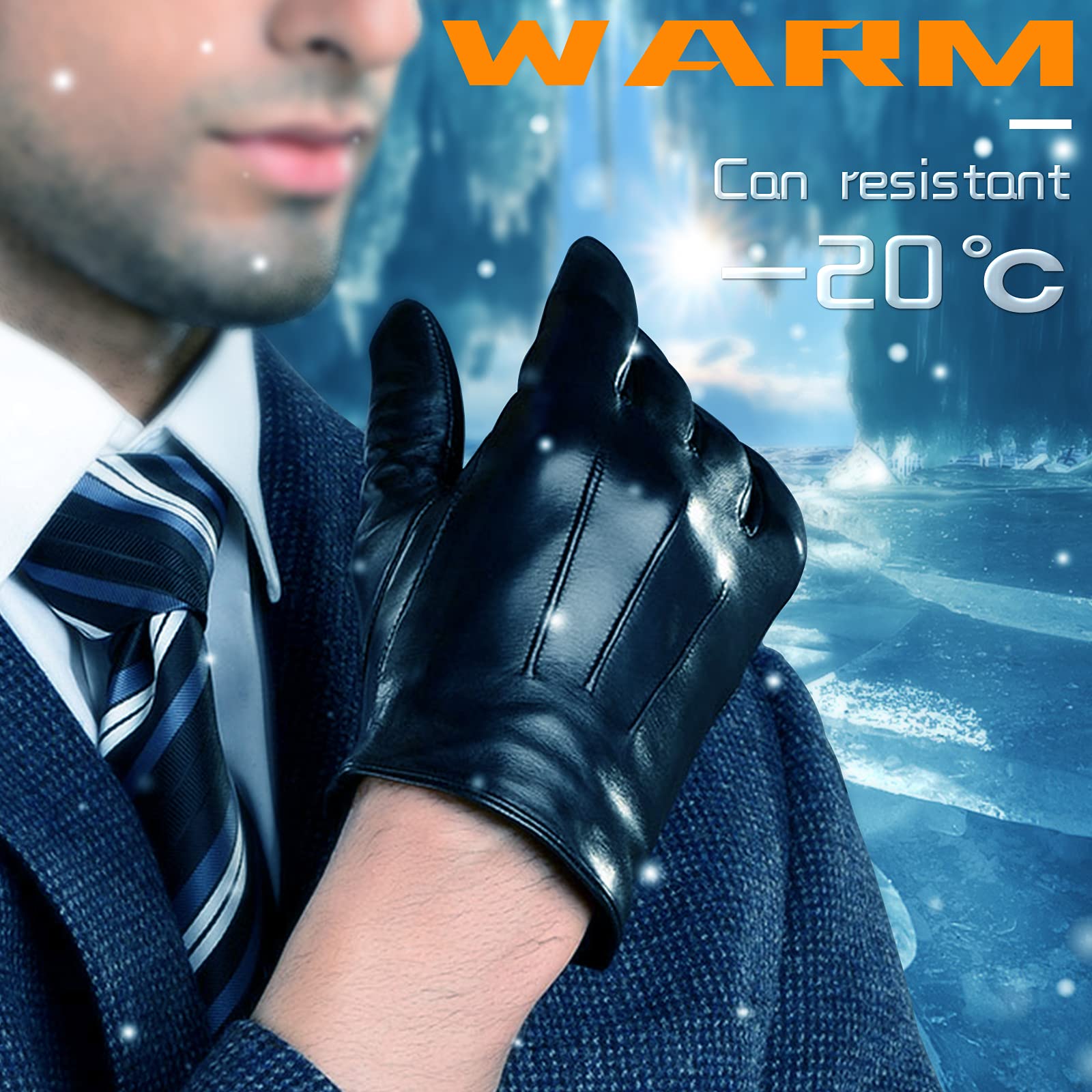 Harrms Leather Gloves for Mens, Full-Hand Touchscreen Mens Warm Cold Weather Gloves for Texting Driving Gift (M-8.5"(US Standard Size), BLACK)