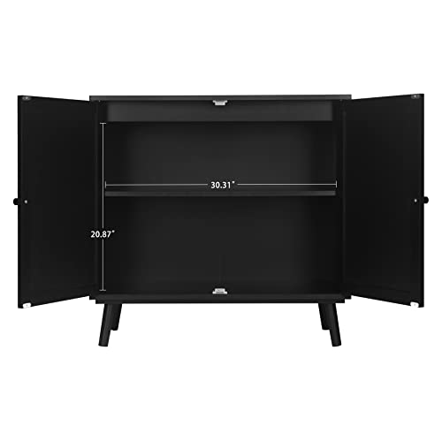 wirrytor 2 Sets of Storage Cabinet with Handmade Rattan Decorated Doors, Rattan Sideboard Buffet Cabinet with Storage for Living Room, Dining Room, Entryway, Kitchen, Black