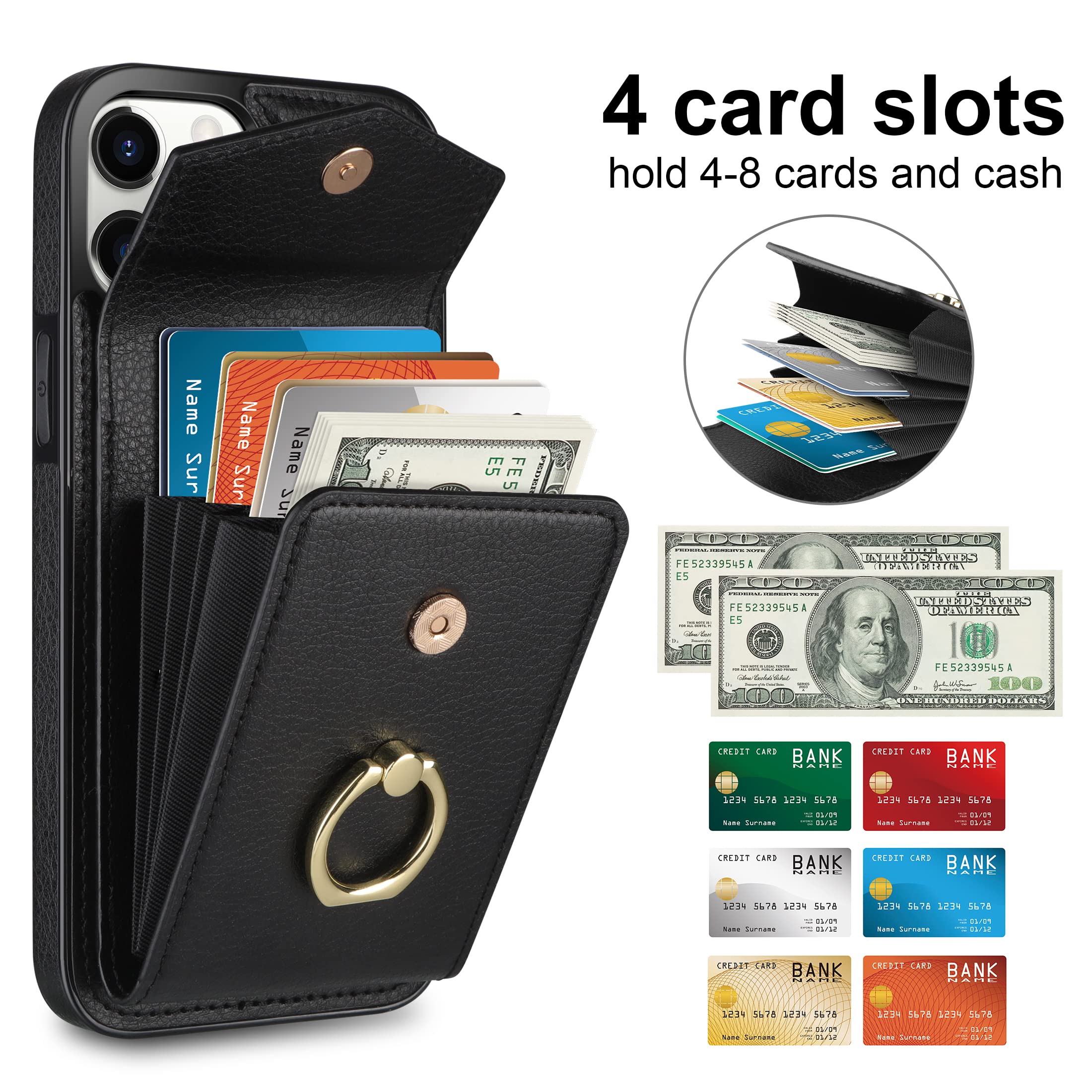 HianDier for iPhone 12 Pro MAX 6.7-inch Wallet Case with Bracelet Chain + Camera Lens Protector, with RFID Blocking Card Holder 360° Rotation Ring Stand Kickstand Protective PU Leather Cover, Black