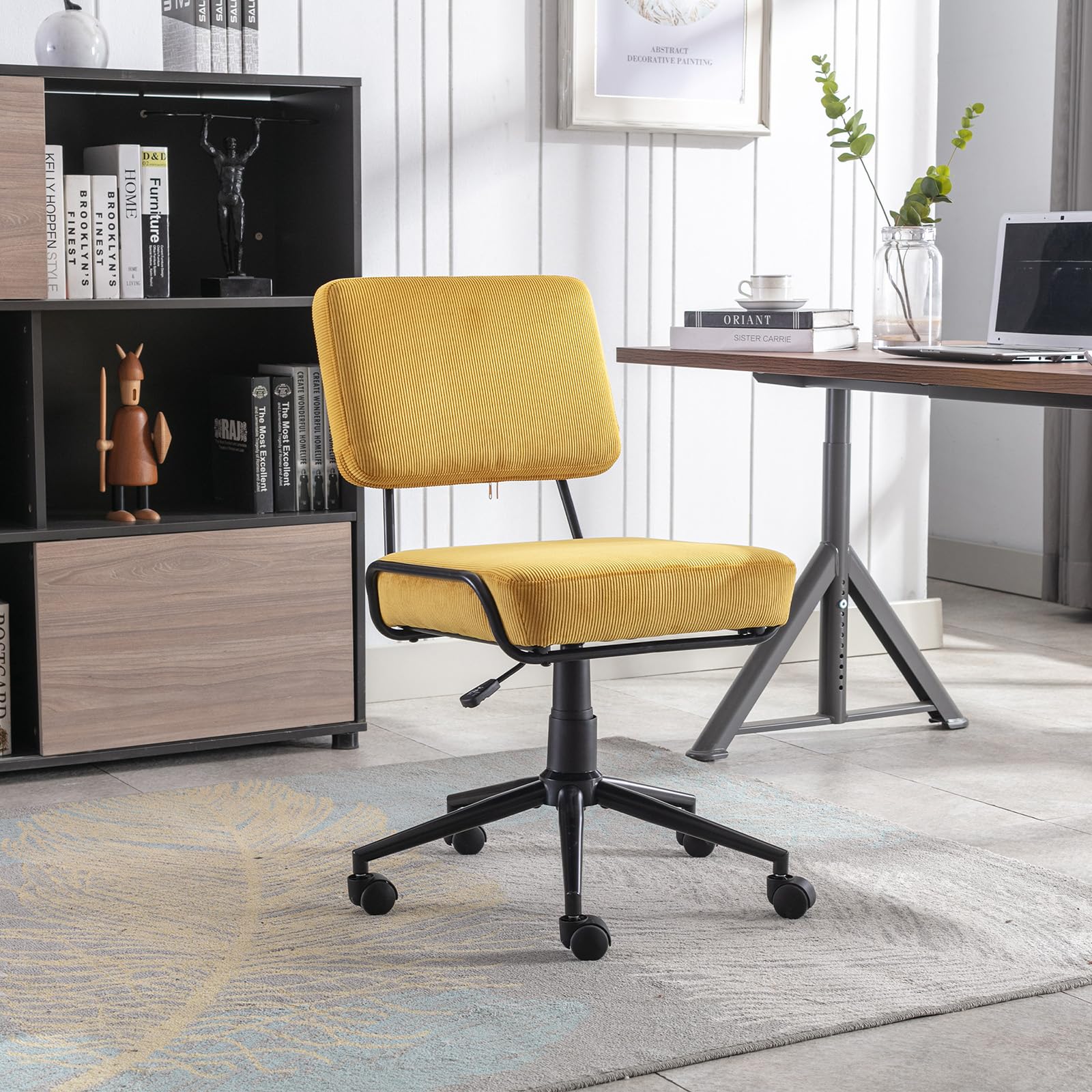HEAVYSEVEN Office Desk Chair, Modern Corduroy Office Chair, Adjustable Swivel Home Task Chair, Mid-Back Cute Upholstered Armless Computer Chair with Wheels for Bedroom Studying Room Vanity Room
