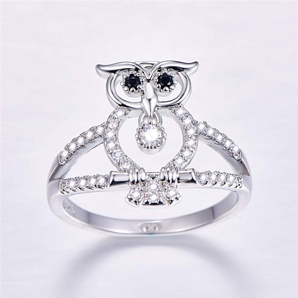 Honghu Owl Shape Black Spinel Women 925 Sterling Silver Ring Round Cut Engagement Statement Black #8