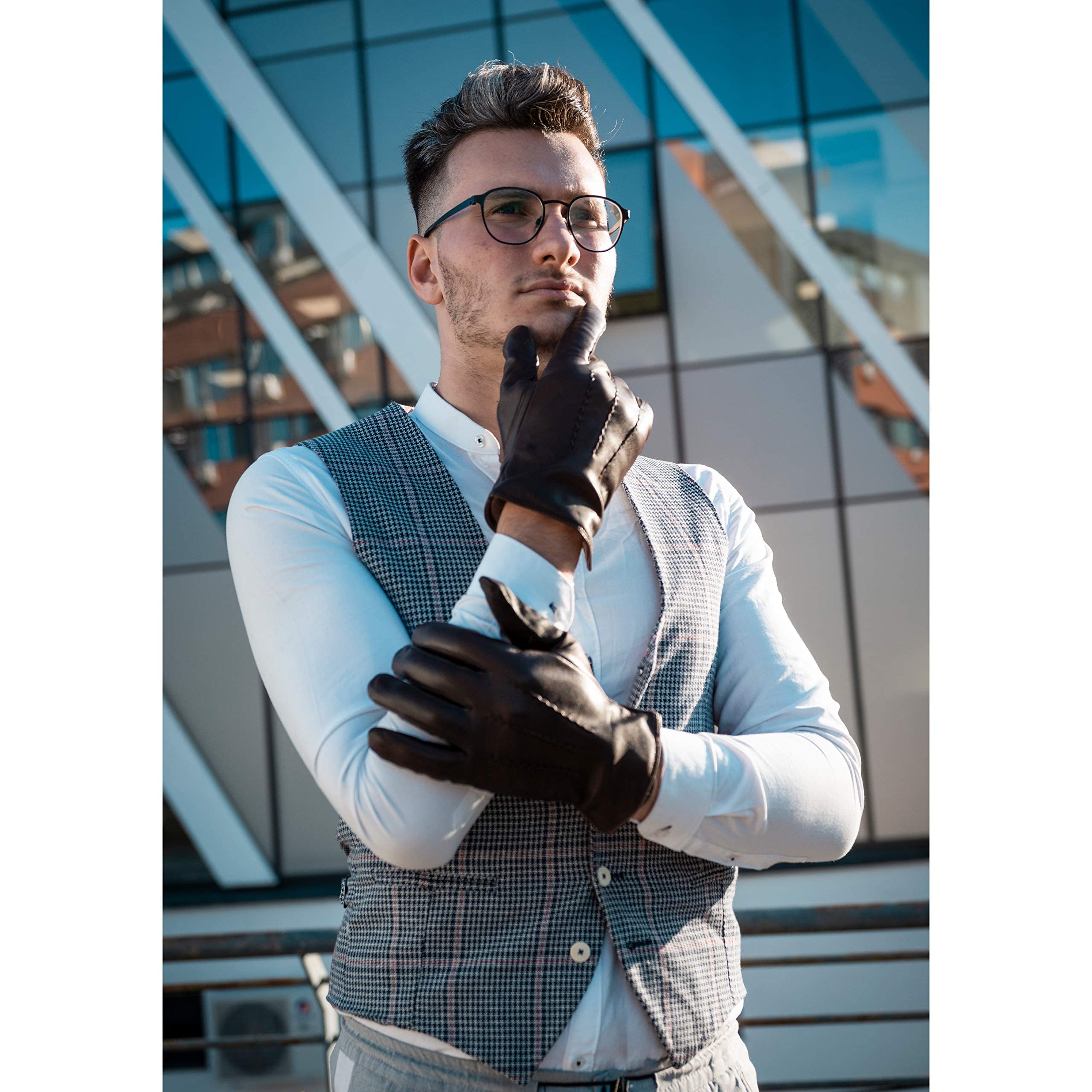 Harssidanzar Leather Gloves for Men,Winter Sheepskin Driving Riding Gloves Cashmere Lined,Black, L