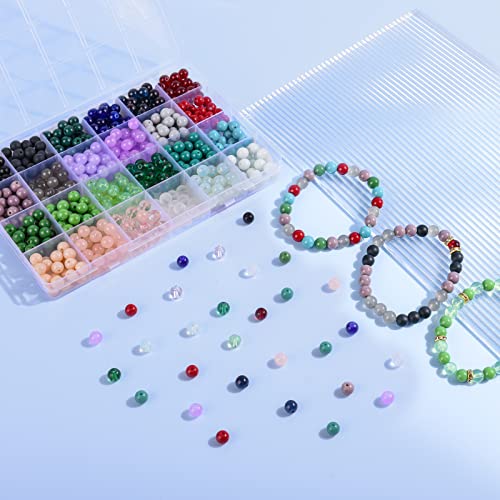 UNIAYSENG 600PCS Round Glass Beads for Jewelry Making, 24 Color DIY Gemstone Crystal Beads Bracelet Making Kit Healing Chakra Beads,8mm Loose Beads Crystal Spacers for Friendship Bracelet