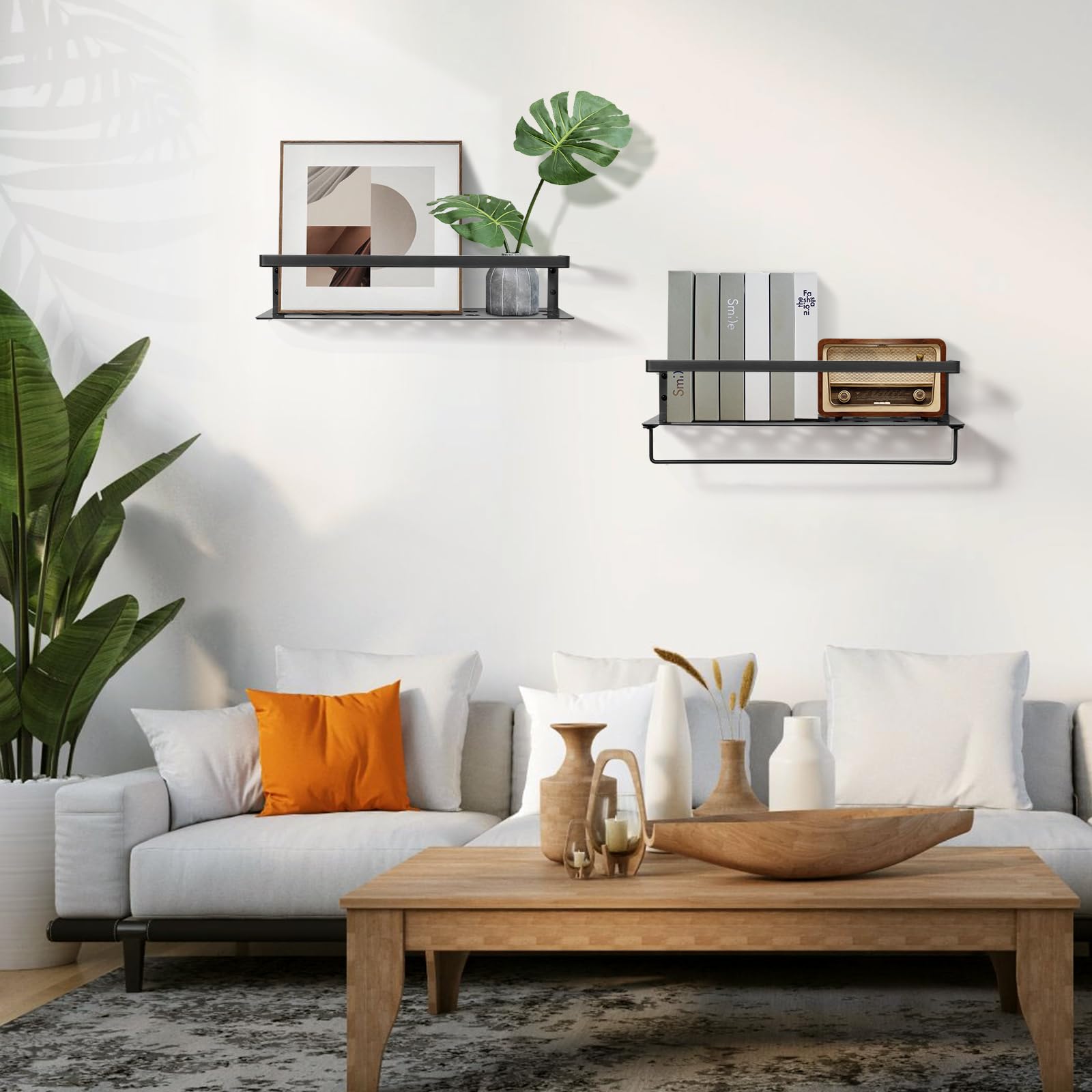 Uten Floating Shelves, Wall Mounted Updated Space Aluminum Shelves Set of 2, Bathroom Storage Shelves with Towel Rack, Wall Hanging Organizer Shelf for Bathroom, Kitchen