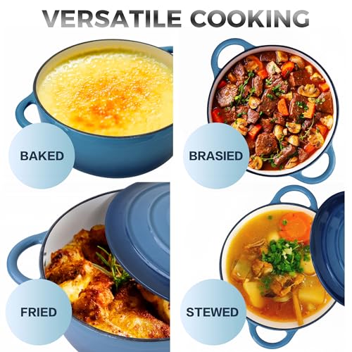 Trustmade 4.5 QT Cast Iron Dutch Oven, Enamel Coated Cookware Pot with Self Basting Lid for Home Baking, Braiser, Cooking, Blue