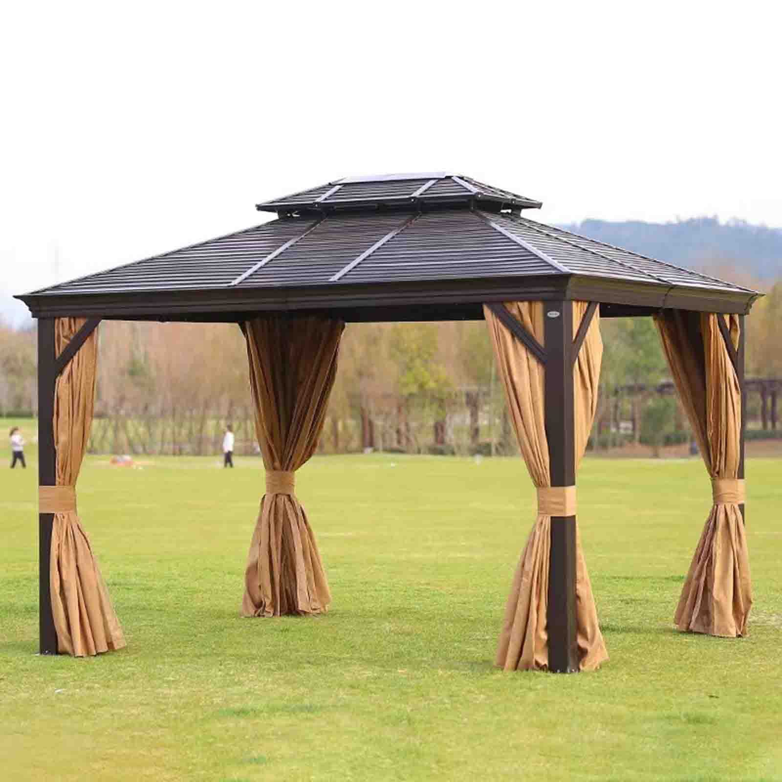 Hardtop Gazebo Galvanized Outdoor Gazebo,Canopy Double Vented Roof Pergolas Aluminum Frame with Netting and Curtains for Garden,