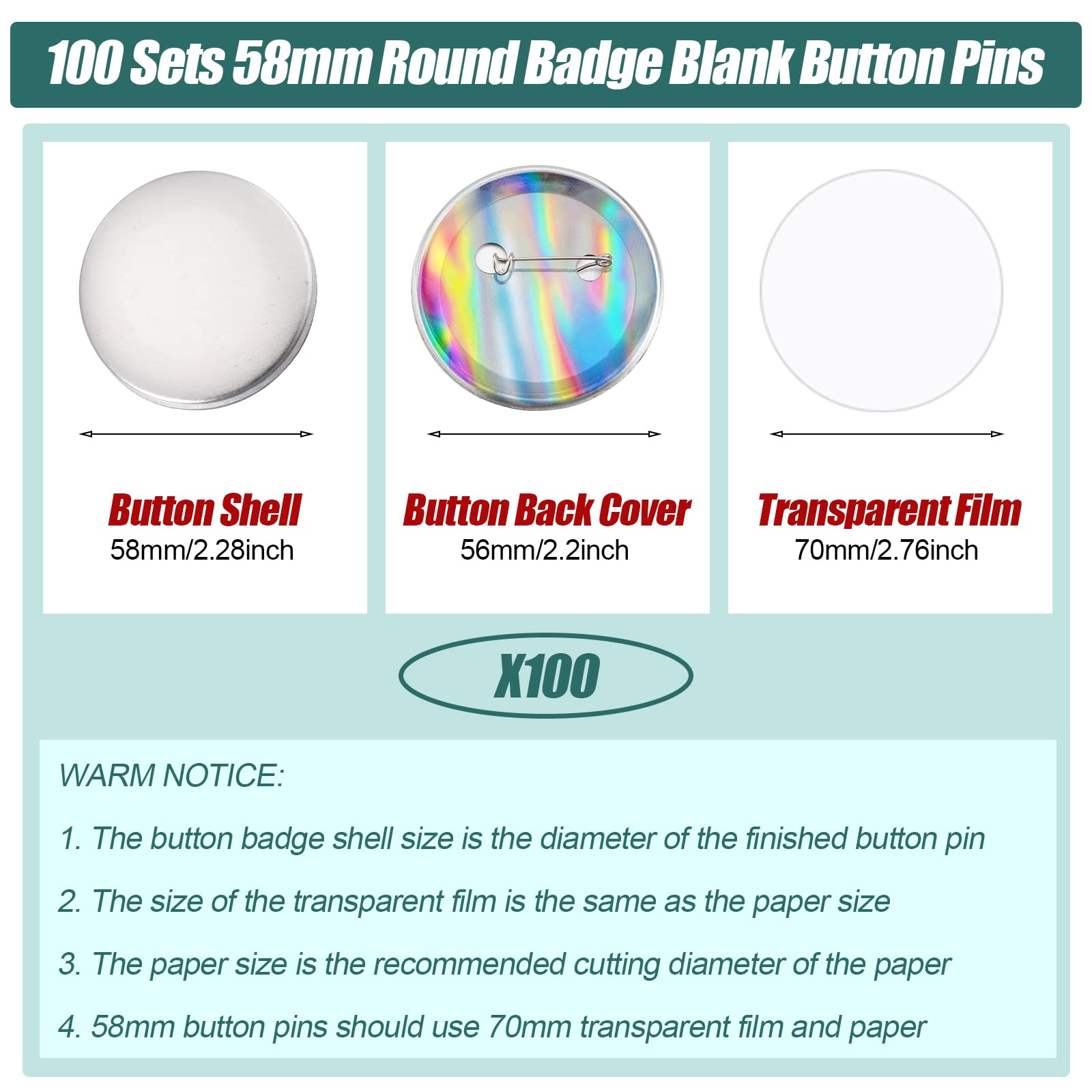 Hicarer 300 Pieces Blank Button Making Supplies Round Badge Button Parts Metal Button Pin Badge Kit for Button Maker Machine, Including Metal Shells Back Cover and Clear Film (2.28 Inch)