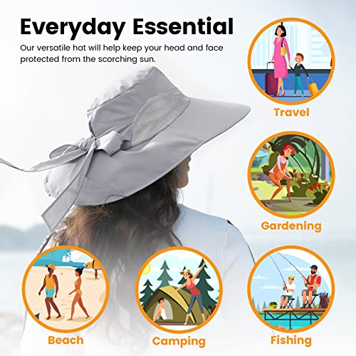 Womens Sun Hat Packable Neck Cover UPF 50- Wide Brim, Light Grey, Size One Size