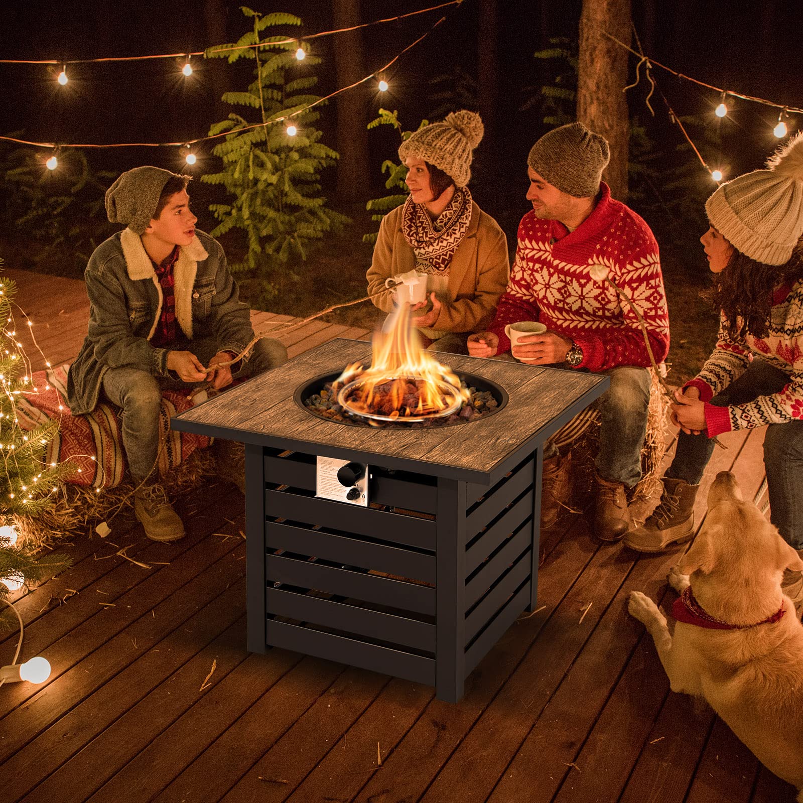 Happygrill 50,000 BTU Fire Pit Table Outdoor Auto-Ignition Propane Firepit Table, 32” Square Firepit with Waterproof Cover Lava Rocks for Patio Backyard Balcony