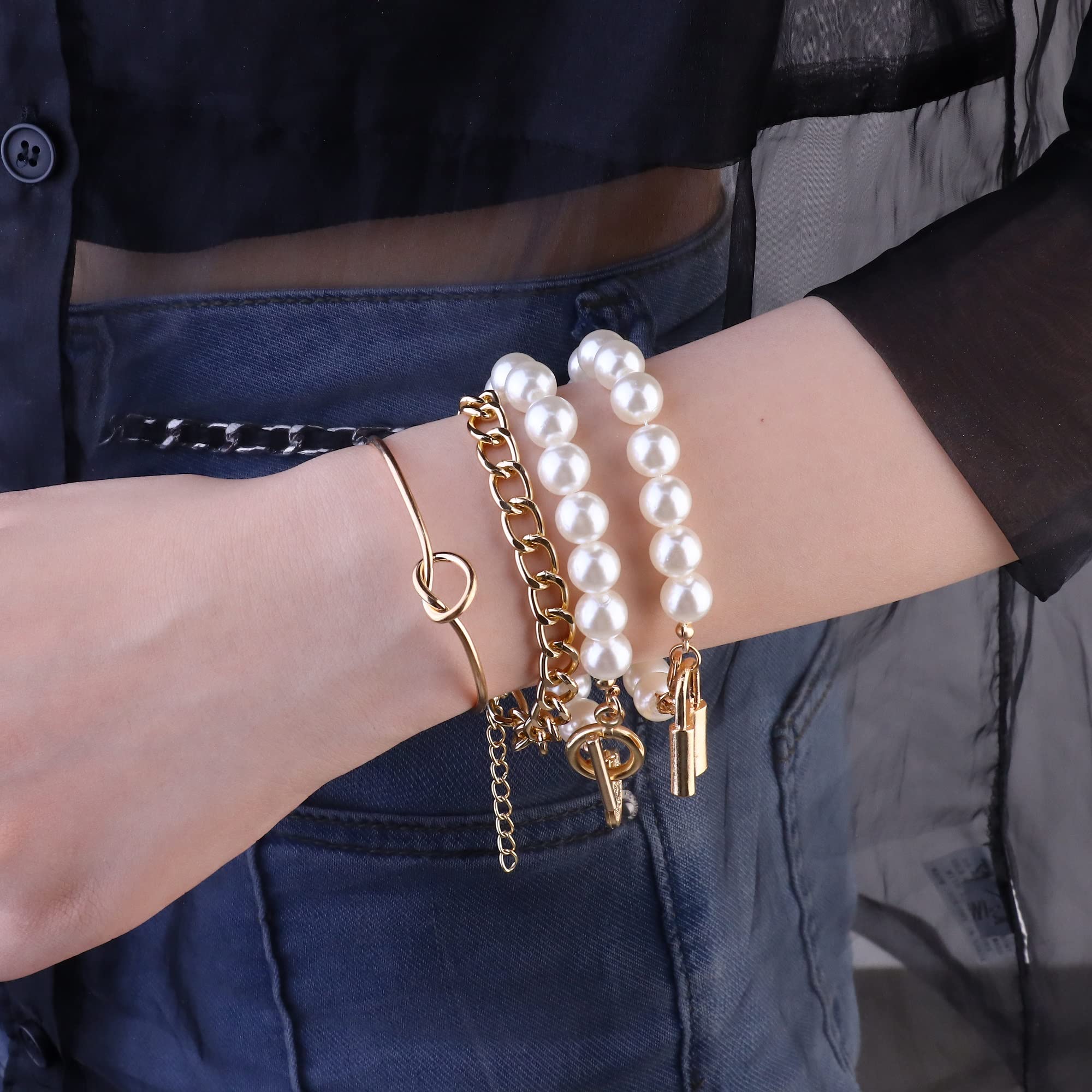 IRONBOX 35 Pcs(8 PACK) Boho Gold Chain Bracelets Set for Women Multiple Layered Stackable Open Cuff Wrap Bangle Adjustable Fashion Paperclip Link Italian Cuban Jewelry for Women Gift