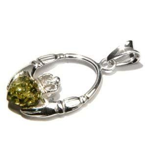 Green Amber and Sterling Silver Claddagh Celtic Irish Pendant