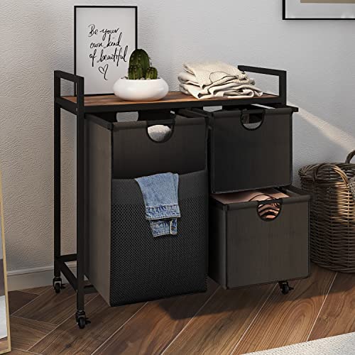 Tohomeor Laundry Sorter with 3 Laundry Basket Rolling Laundry Hamper Cart with Wheels Sliding Pull Out and Removable Laundry Basket Bags for Laundry Room Bathroom Bedroom (Rustic Brown)