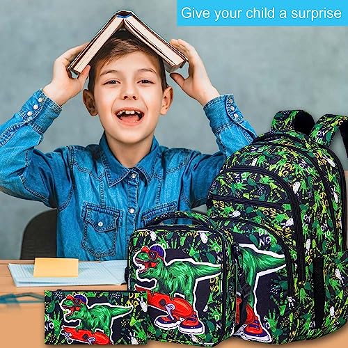 TXHVO 3PCS Dinosaur Backpack for Boys, Kids School Bookbag with Lunch Box, 17 Inch Teen Boy Laptop Backpacks