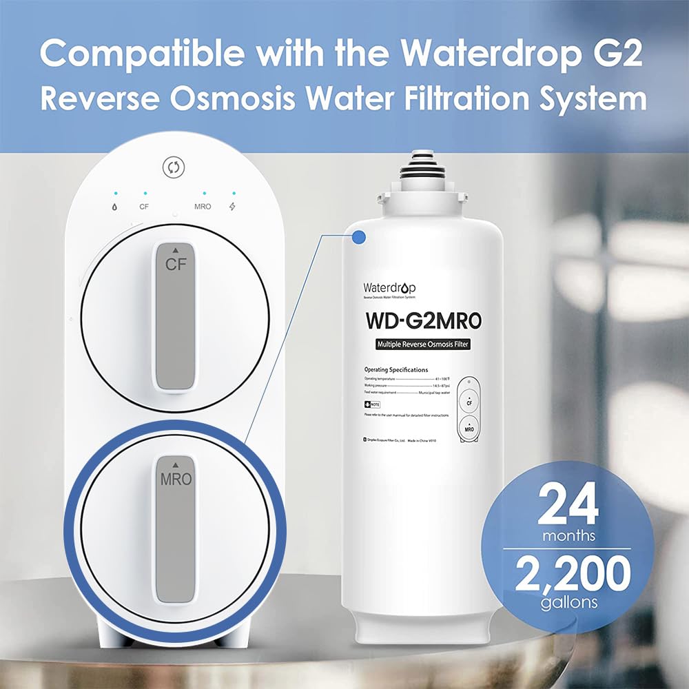 Waterdrop WD-G2MRO Reverse Osmosis Filter, Replacement for WD-G2-B, WD-G2-W, WD-G2MNR-W Reverse Osmosis System, Reduce PFAS, 2-year Lifetime