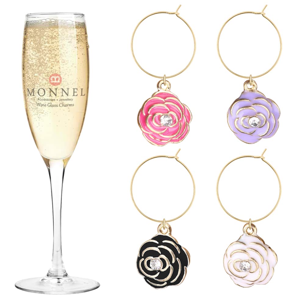 Monnel P497 Assorted Little Rose Pendants Wine Charms Glass Marker for Party with Velvet Bag- Set of 4