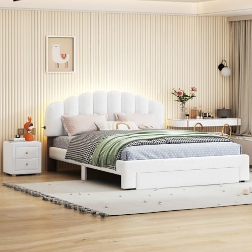 HBRR Queen Size Bed Frame with Drawer, Upholstered Smart Platform Bed with 2-Drawers Nightstand and USB Ports, Strong Wood Slats Support, No Box Spring Needed, Teddy Fleece, White