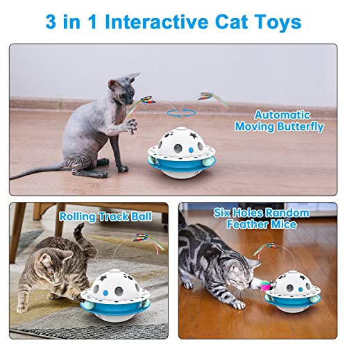Tyasoleil 3 in 1 Smart Cat Toys, Interactive Cat Roly Poly Toy, Electric Indoor Kitten Toys, Fluttering Butterfly,Random Whack-A-Mole Mice, Dual Power Supplies, Auto On/Off(Blue)