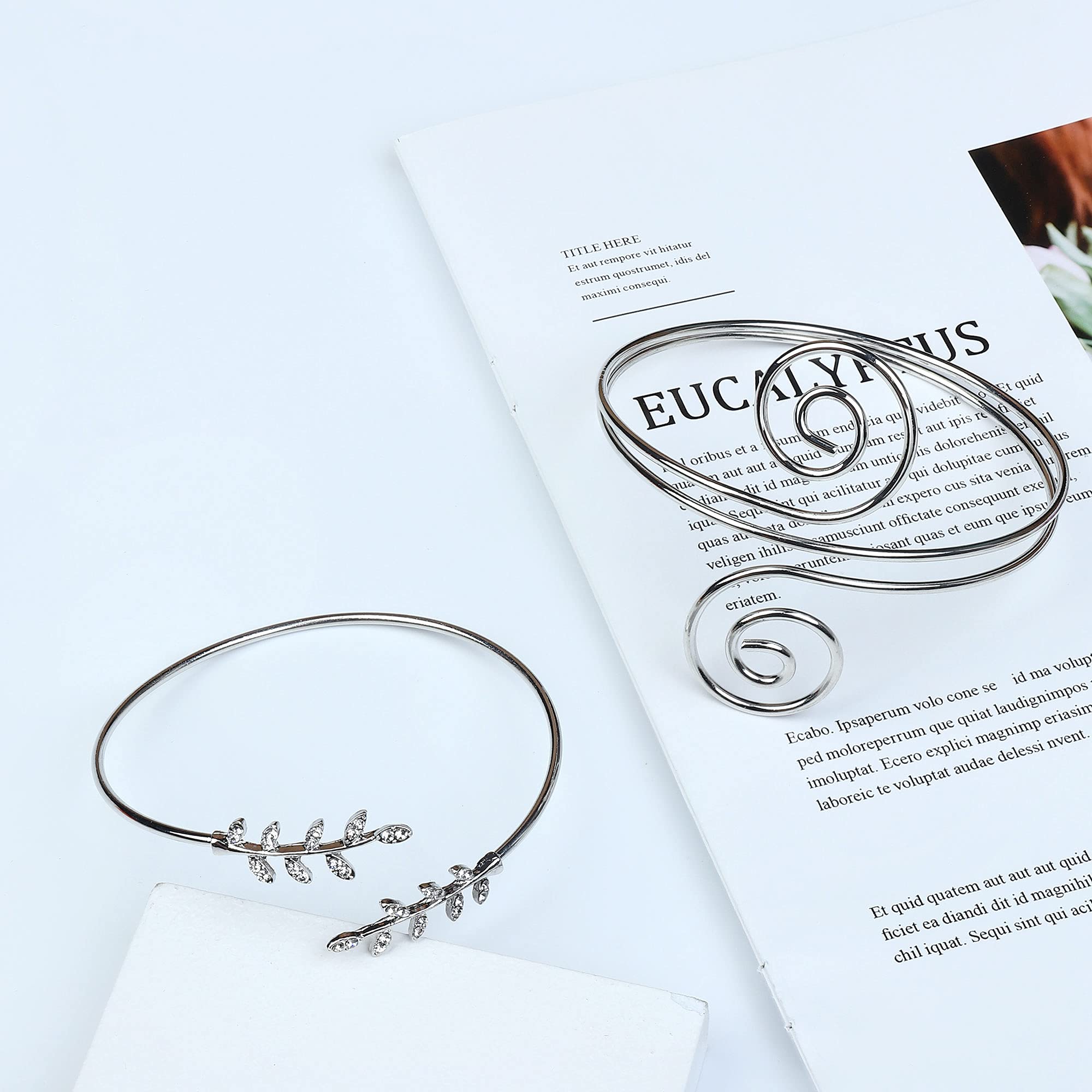 IRONBOX 6Pcs Arm Cuff Upper Arm Bracelet Gold Coil Leaf Feather Snake Arm Cuff Bracelets Silver Adjustable Bangle Armlet Arm Cuff Jewelry for Women