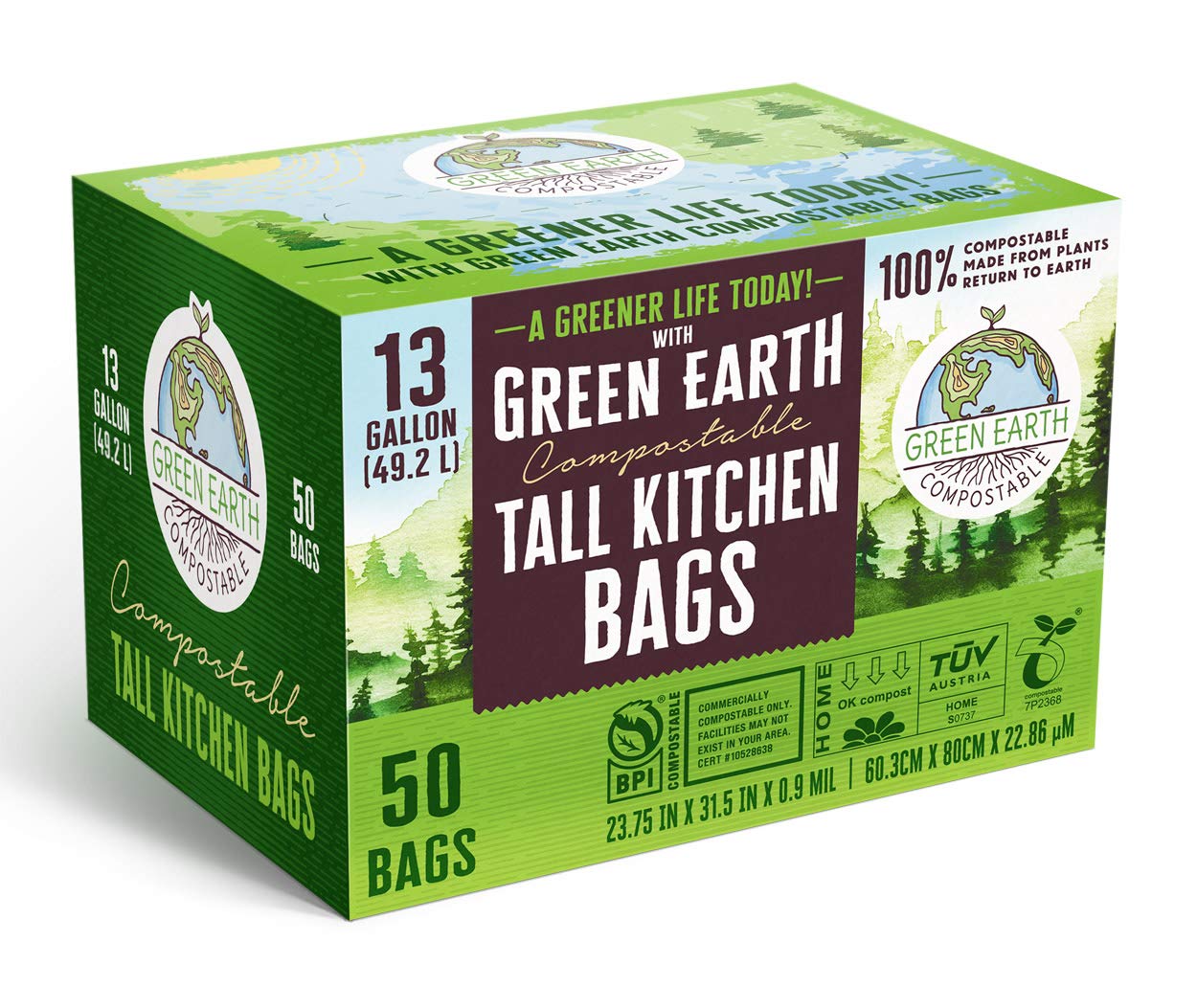 Green Earth Compostable Tall Kitchen Food Scrap Waste Bags, 13 Gallon, 49 Liter, 50-Count, Superior Strength 0.9 Mil Thickness, ASTM D6400, US BPI & Europe OK Compost Home Certified, USA