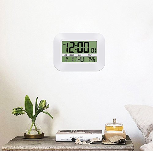 HeQiao Silent Desk Clocks Digital Wall Clock Simple Large LCD Alarm Clock with Temperature Calendar for Home Office (Ivory White)