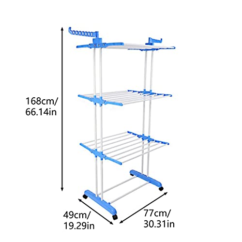 TOLUON Clothes Drying Rack, Movable Drying Rack with 4 castors, 3 Tier Clothes Horses Rack, Laundry Garment Dryer Stand with Two Side Wings for Home (Blue)