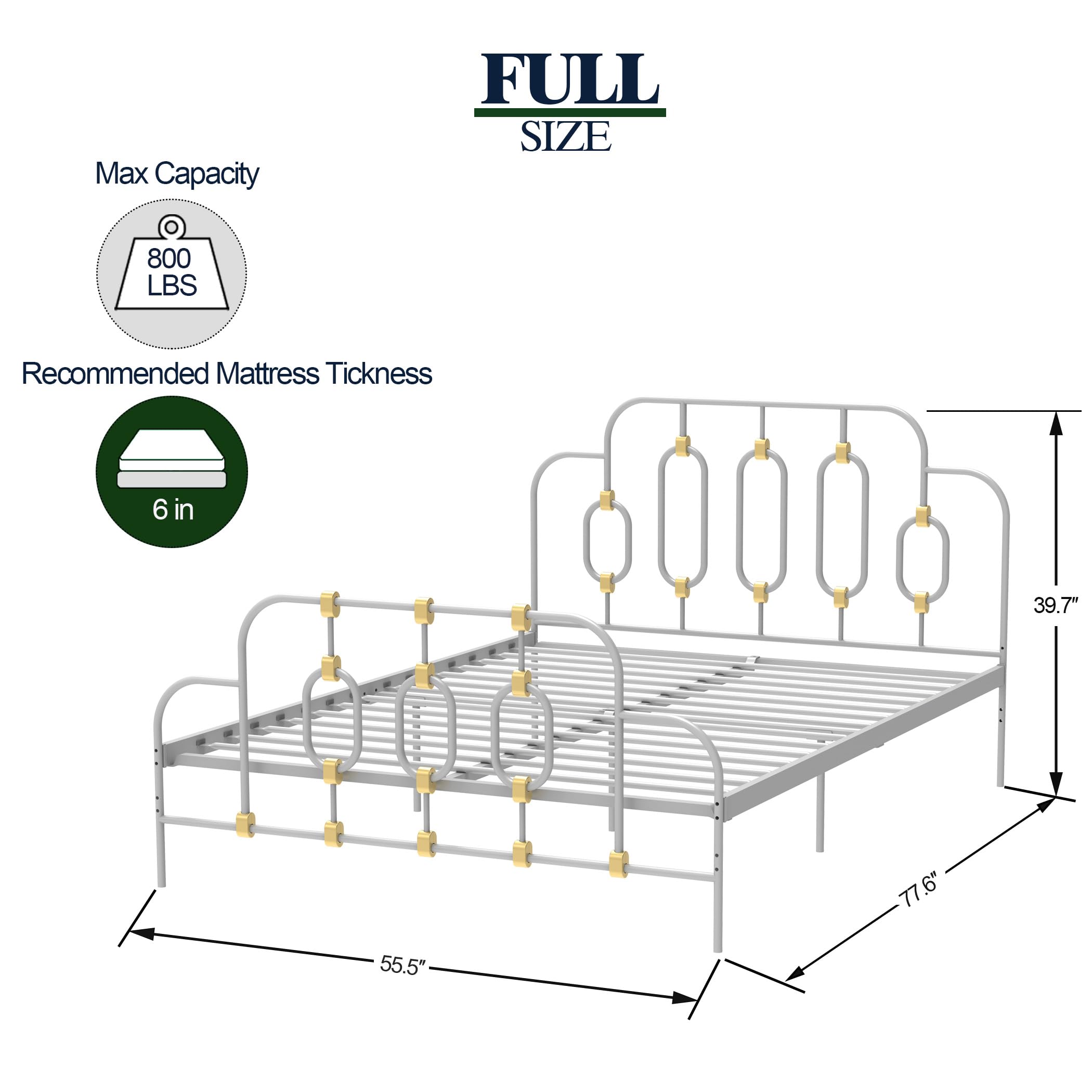 Haplized Ola Metal Bed Frame, Modern Full Size Platform Bed Frame with Storage Space, Black with Gold Detail, No Box Spring Needed, Perfect for Dorm, Bedroom, Guest Room (White)