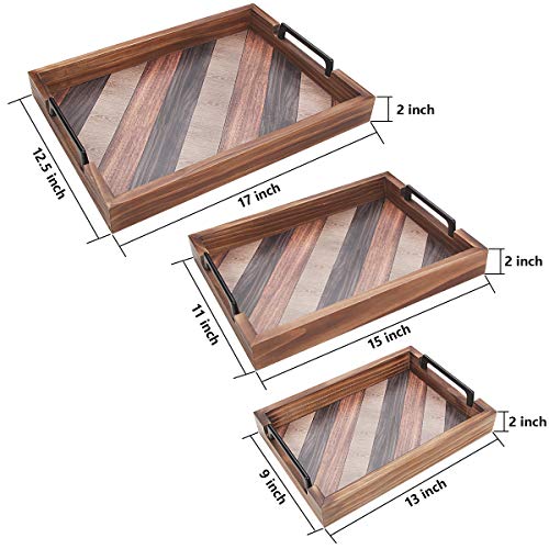 Wood Serving Tray with Handles, Butizone Rustic Nesting Serving Trays for Eating, Breakfast, Party, Kitchen, Tea Coffee Table, Ottoman and Home Decor, Decorative Serving Trays, Set of 3