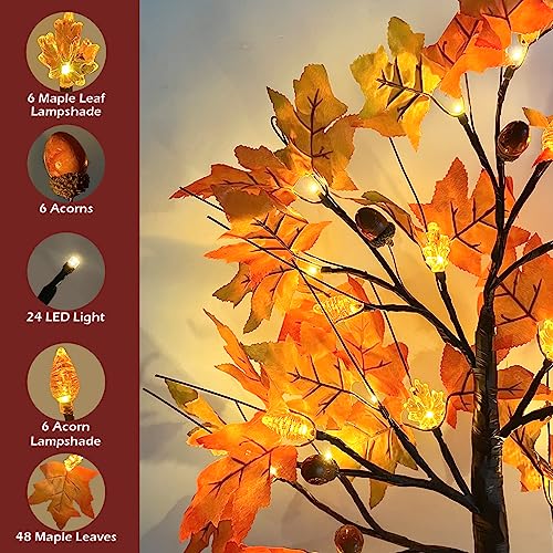 SURCVIO 2 Pack 24 Inch Prelit Fall Maple Tree Fall Decor with 48 LEDs Timer Battery Operated Pinecones Acorns Artificial Autumn Maple Tree for Thanksgiving Harvest Indoor Outdoor Home Decorations