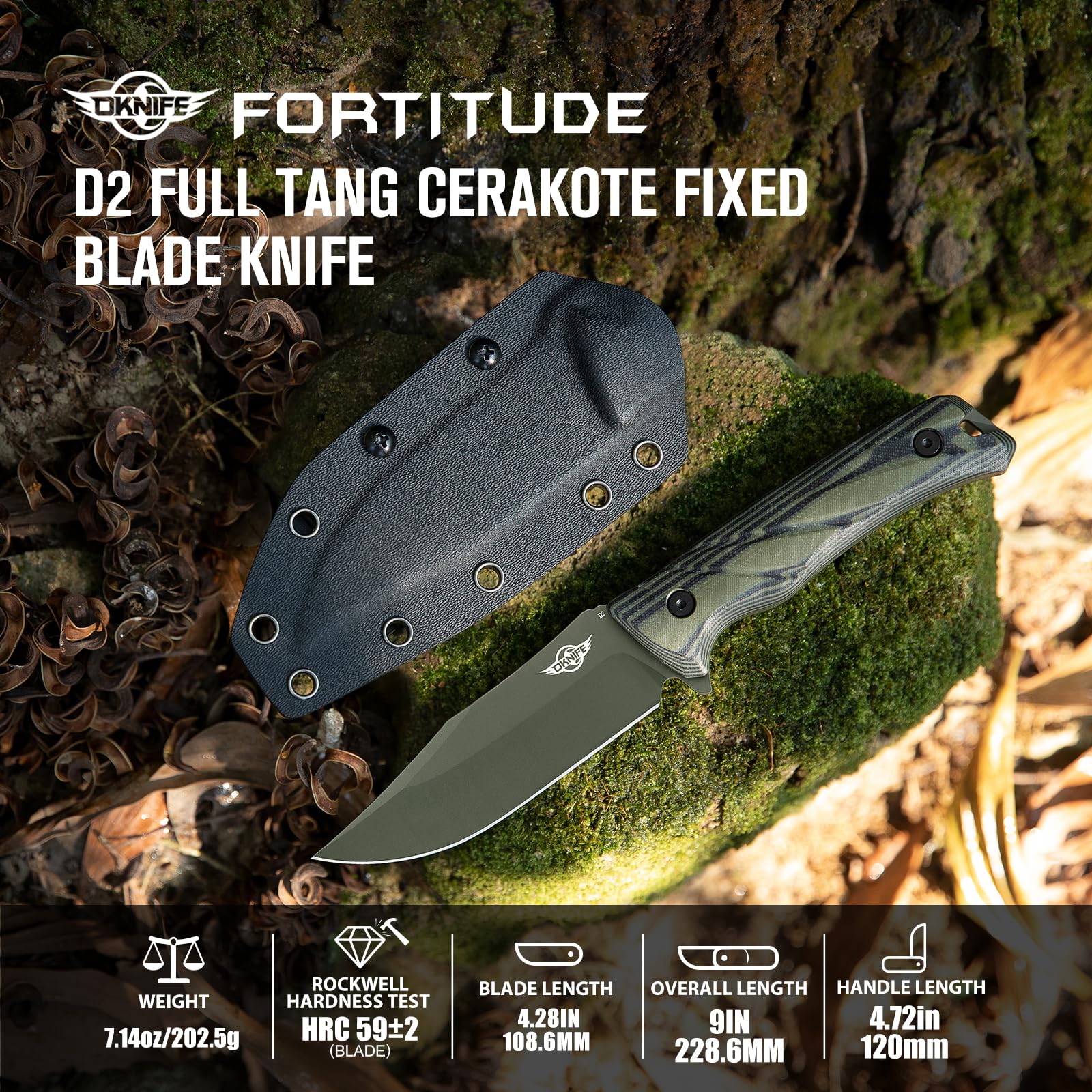 OKNIFE Fortitude Full Tang Knife with Kydex Sheath, 4.72" Clip Point Blade Knife with D2 steel Cerakote Coating Blade and G10 Handle