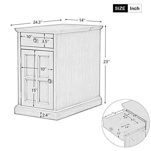 Traditional Wood End Table with Charging Station, Modern Vintage Sofa Chair Side Table Nightstand with Storage & Drawer for Living Room Bedroom, No Assembly, Antique Espresso