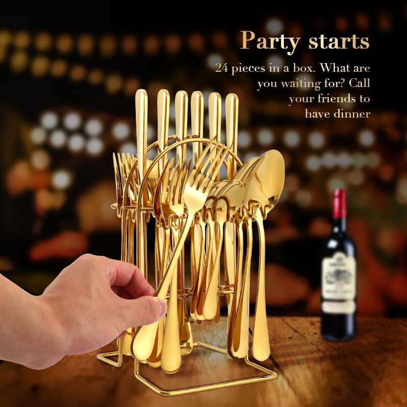 Tableware Silverware Set With Cutlery Rack, Stainless Steel Cutlery Cutlery Set 24 Piece Set for Home Kitchen Restaurant Hotel Dinner Service