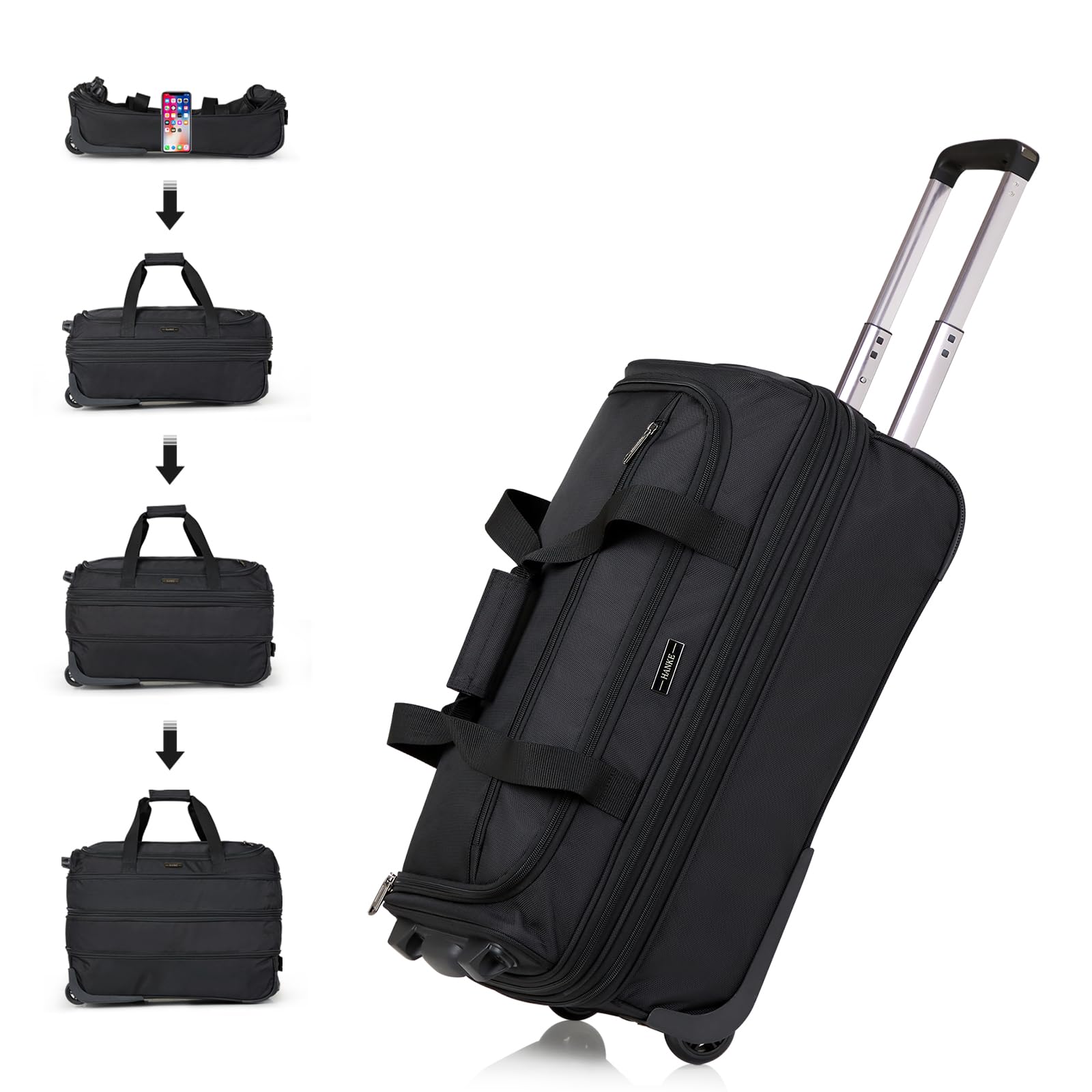 Hanke 20 Inch Expandable Carry On Luggage Suitcases with Wheels Foldable Duffle Bag for Travel Carry On suitcase Weekend Bag for Women Men Garment Bag.(Black)