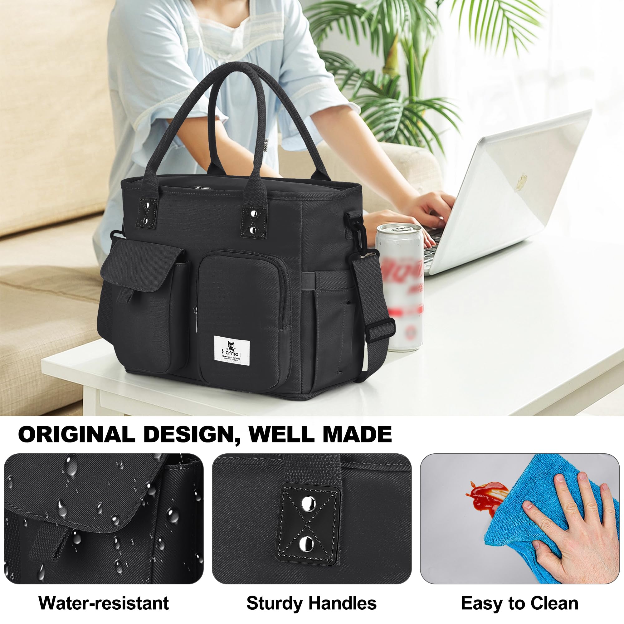 Hafmall Large Insulated Lunch Bag for Women Men, Leakproof Lunch Box for Adults, Wide Opening Lunch Tote Bag with Shoulder Strap, Reusable Lunch Cooler Bag for Work, Picnic, Black