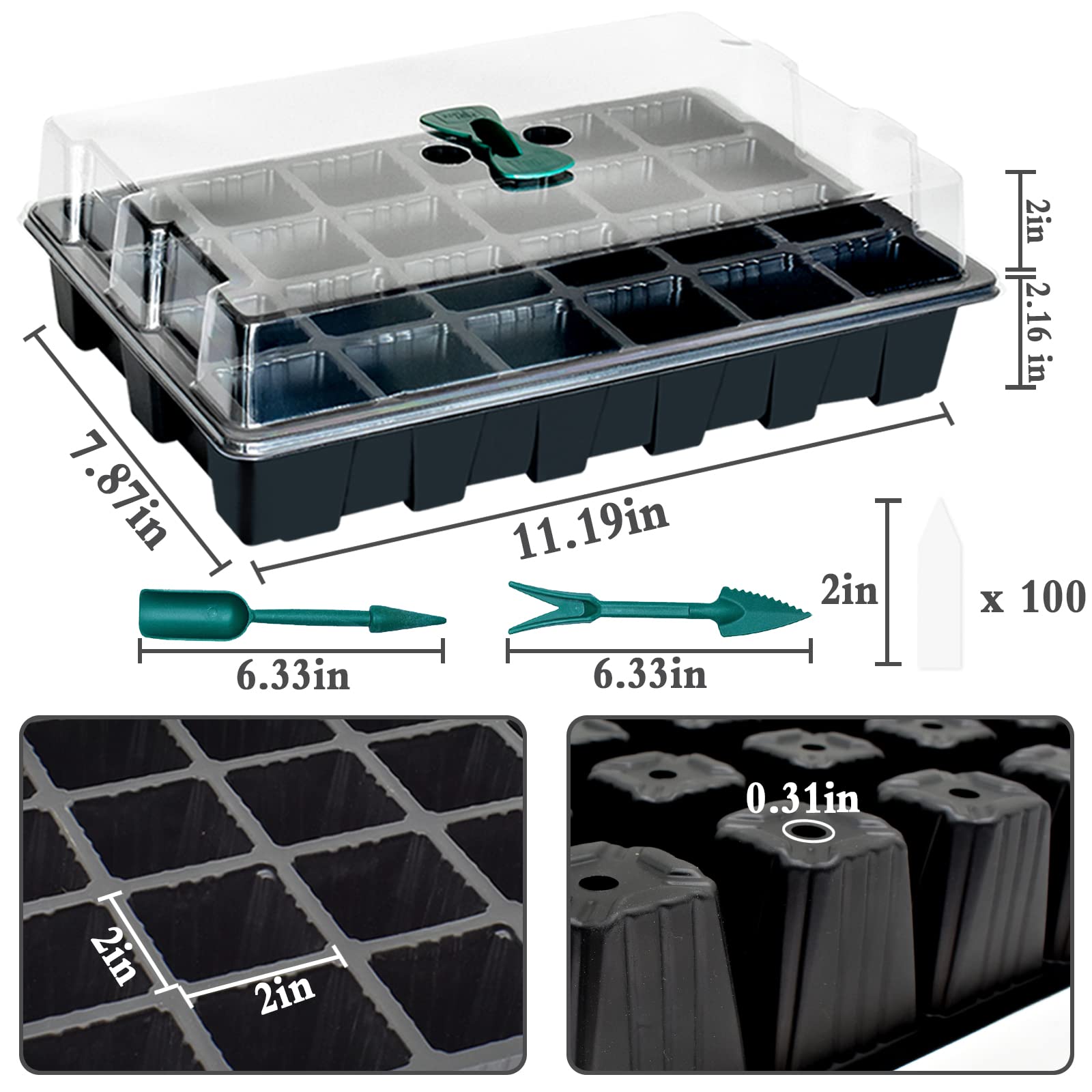 Halatool 6 Set Seedling Trays Seed Starter Kit- 240 Cells Plant Germination Tray with Dome and Tray Base for Growing and Cloning (40 Cells Per Tray, Black)
