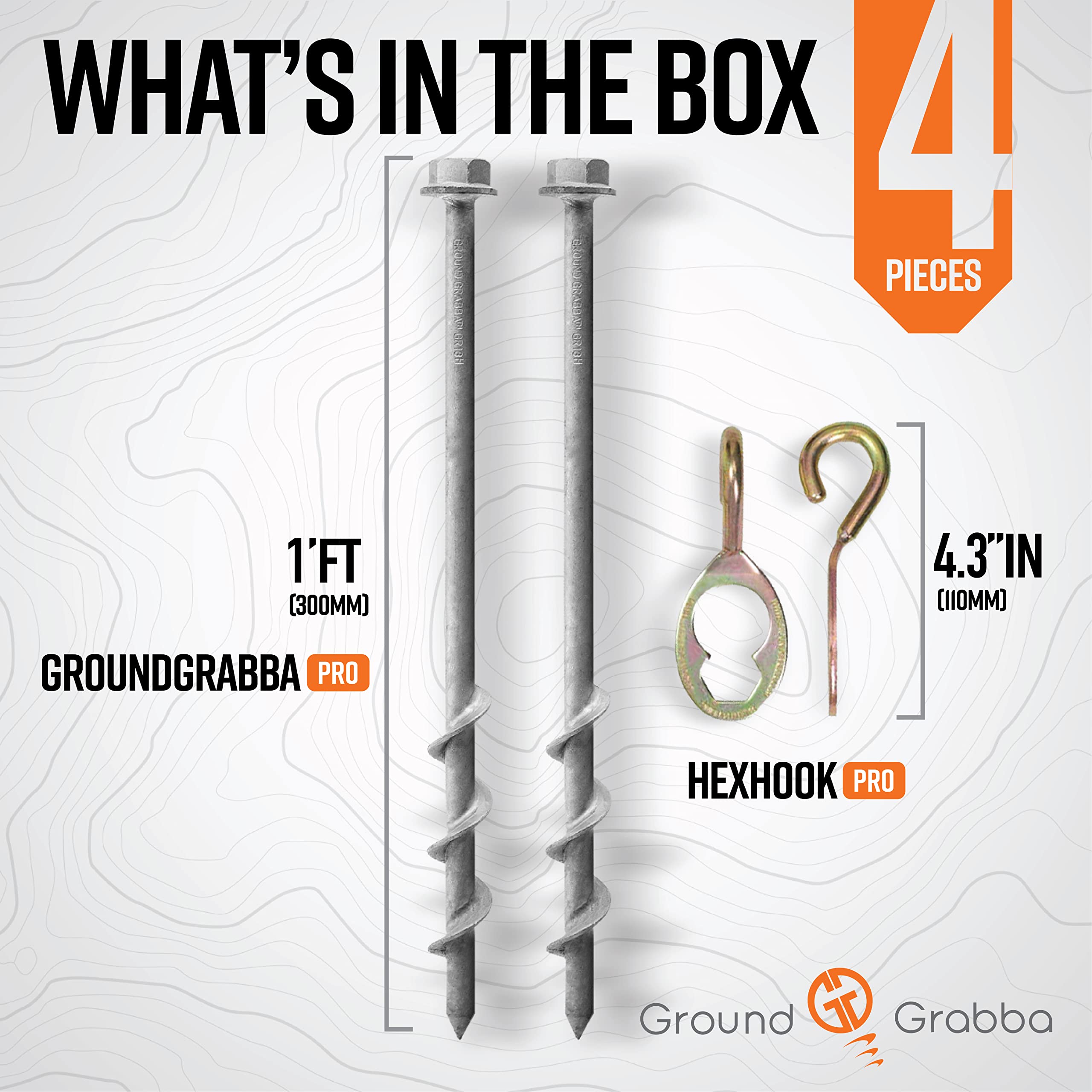 GROUNDGRABBA Ground Anchor Screw Kit - 2X HexHooks & 2X 1 Ft Ground Anchors Heavy Duty for High Winds | Ground Anchor Kit for Swing Sets | Screw in Anchor for Pop-Up Canopy, Tents and More