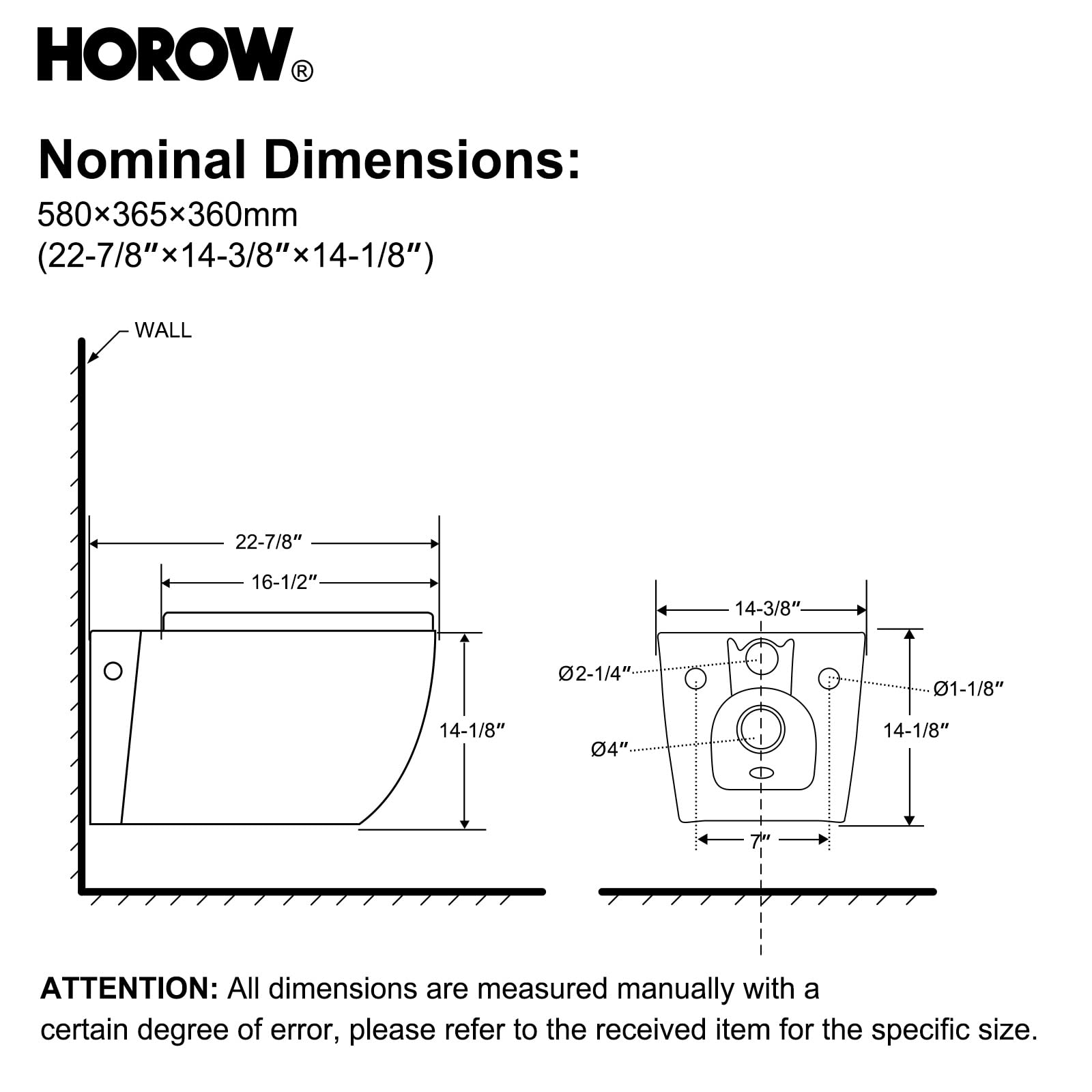 HOROW Wall Hung Toilet HR-TG02W, Compact Wall Mounted Toilet with Soft Closing Seat, 1.6 GPF/1.1 GPF Dual Flush Ceramic Round Wall Toilet for Bathroom, White Toilet Bowl