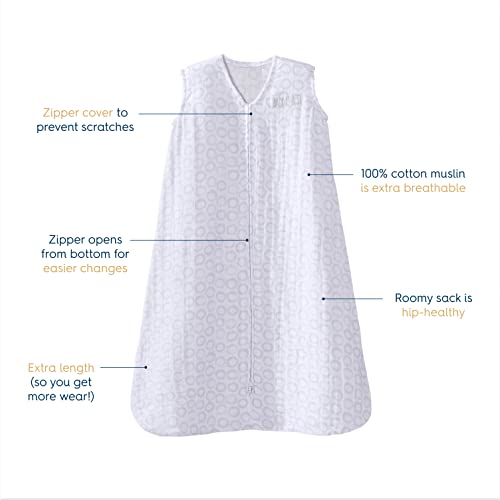 HALO SleepSack, 100% Cotton Muslin Wearable Blanket, Swaddle Transition Sleeping Bag, TOG 0.5, Grey Open Circles, Small, 0-6 Months