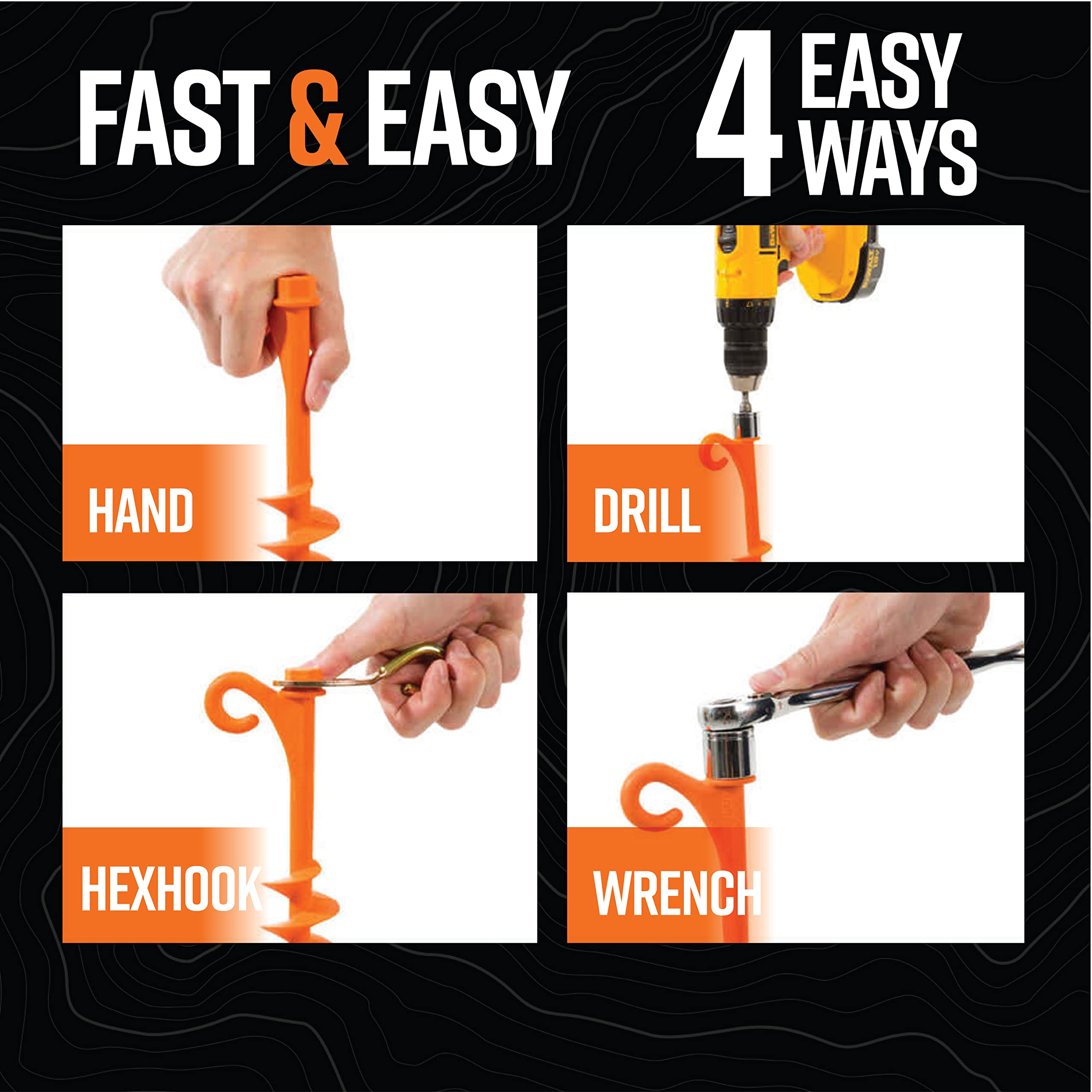 GROUNDGRABBA Lite Orange Tent Stakes - Tent Stakes for Sand | Screw in Earth Ground Anchors for Maximum Grip and Longevity in Soft Surfaces - 6 Pack