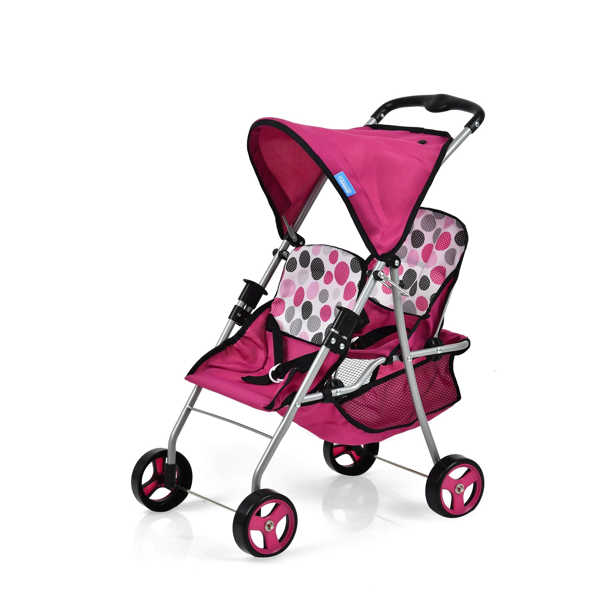 Hauck Pink Dot Doll Twin Stroller, Retractable Canopy, Easy to Fold for Storage and/or Travel, Fits Dolls up to 18"