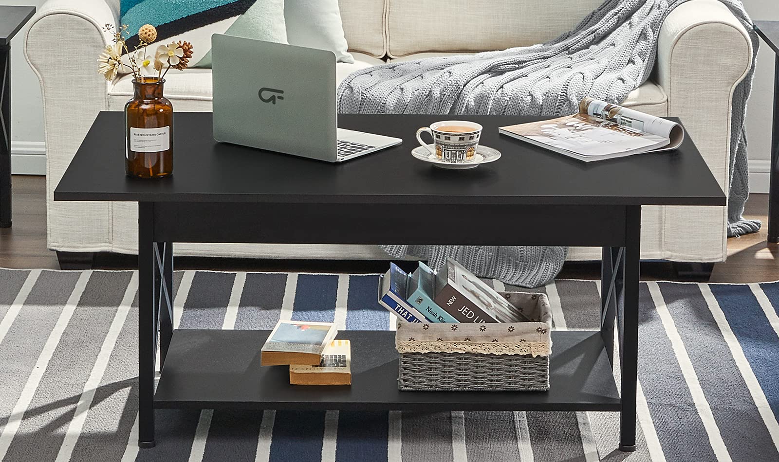 GreenForest Coffee Table Large 43.3 x 23.6 inch with Storage Shelf for Living Room, Easy Assembly, Black