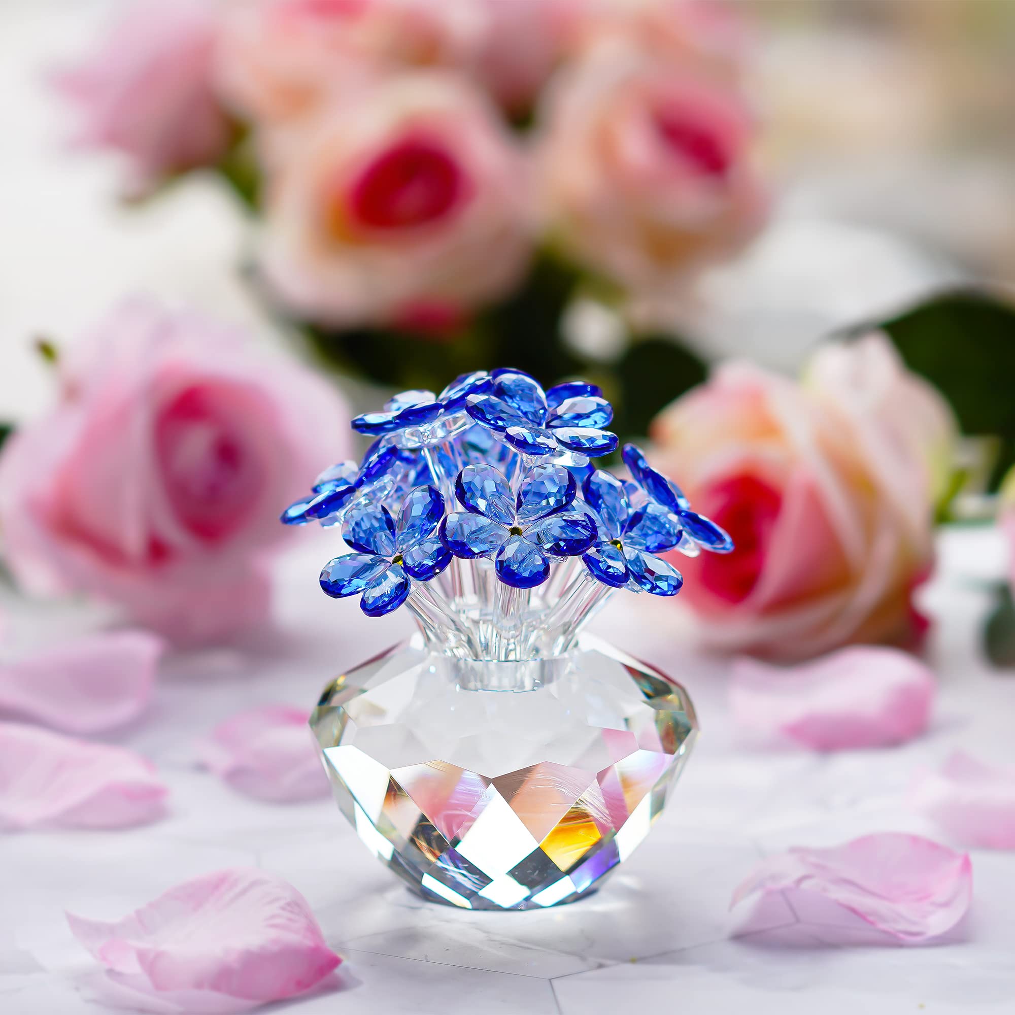 H&D HYALINE & DORA Crystal Flower Figurines Forget-Me-Not Glass Ornament Paperweight (Blue)