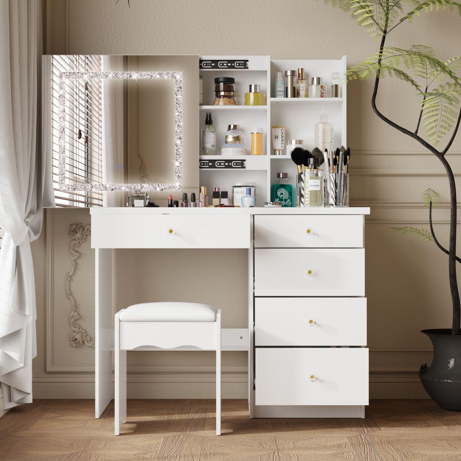 TAMUNE Vanity Desk with Sliding Mirror and Lights, Makeup Vanity with 5 Drawers & Shelves, Dressing Table with Crushed Diamond Lighted Mirror & Stool, Pink, 19.7”D x 39.4”W x 53.3”H