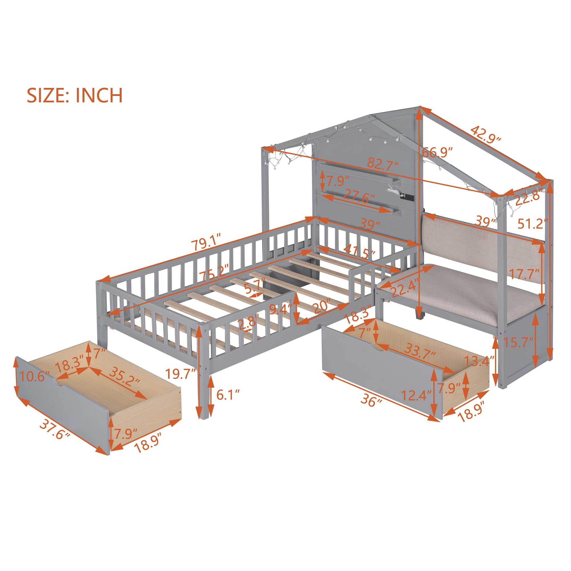 Twin House Bed for Kids, House Platform Bed with Upholstered Sofa, Charging Station, Wireless Charging, Storage Shelves and Two Drawers, Light Strip Included, Gray