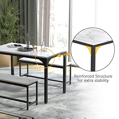 WiberWi Dining Table Set for 4, 47.3” Kitchen Dining Table, 3 Piece Kitchen Table and Chairs for 4, Heavy Duty Dining Room Table with Metal Frame & Faux Marble Tabletop for Kitchen Small Spaces
