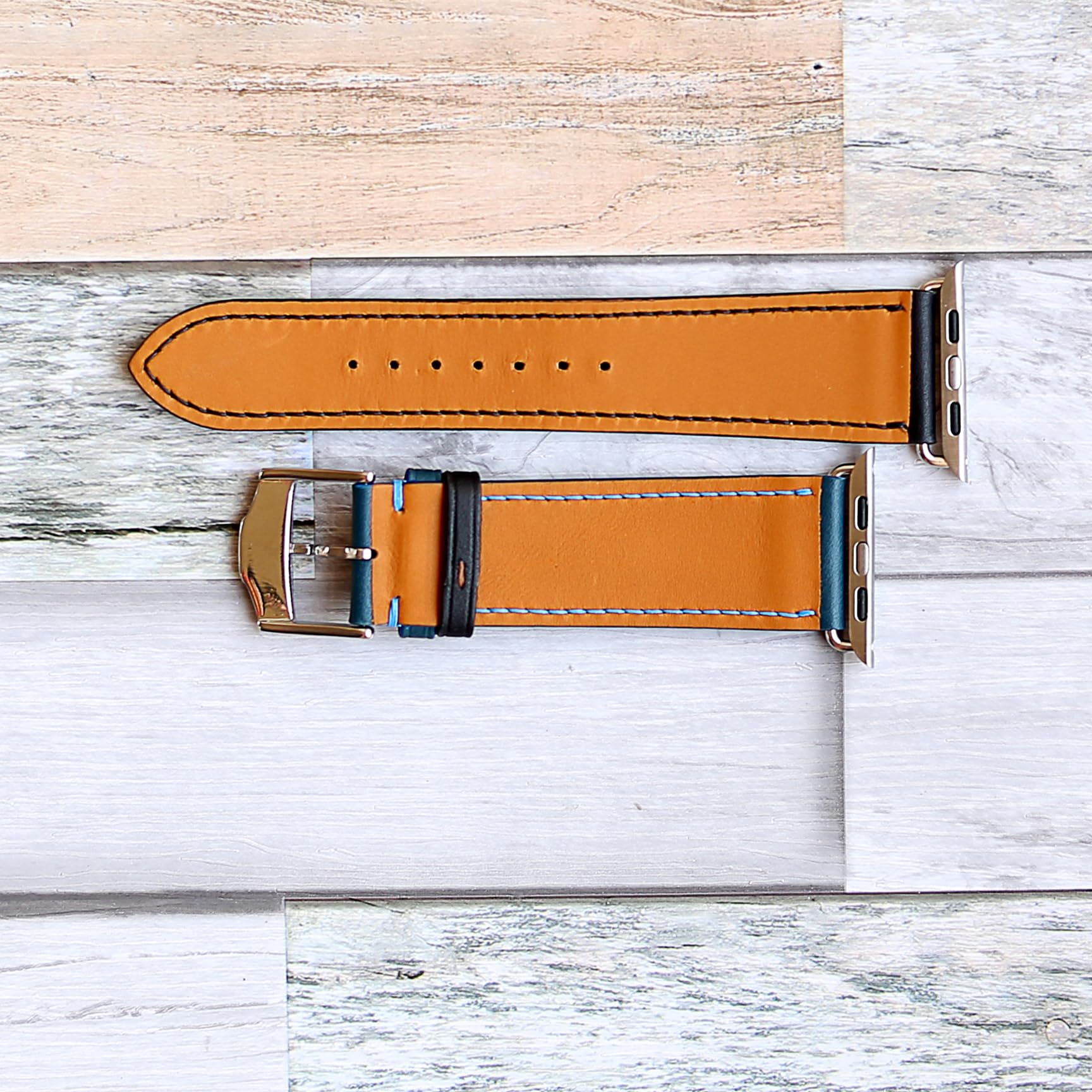H2N Handmade Full Grain Leather Bands compatible with Apple Watch band 49mm / 45mm / 44mm / 42mm / 41mm / 40mm / 38 mm (38/40/41mm, Black/Navy blue)