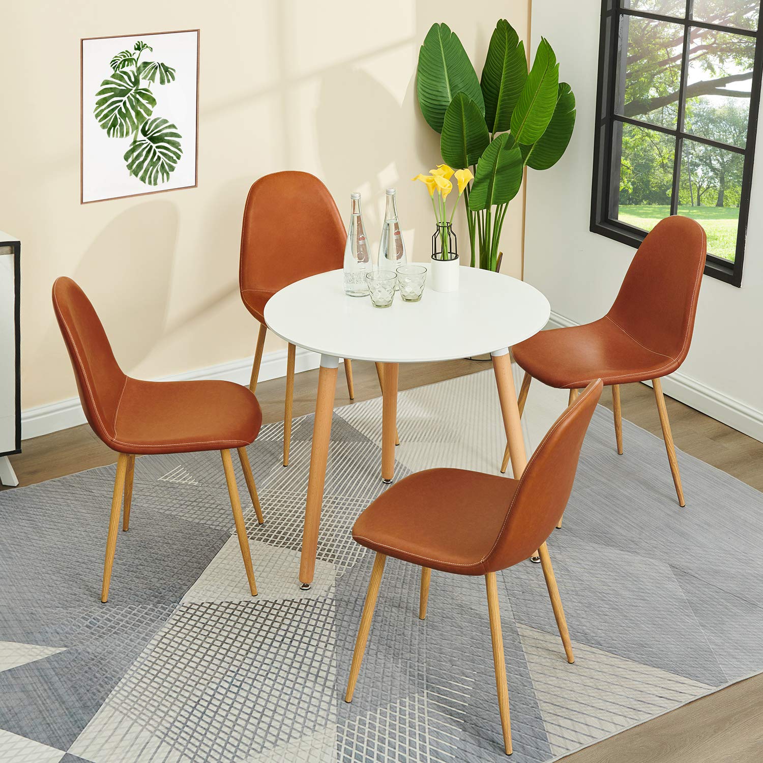 GreenForest Dining Chairs Set of 2, Vintage PU Leather Upholstered Side Chairs, Mid Century Modern Kitchen Room Chairs,with Metal Legs,Camel Brown