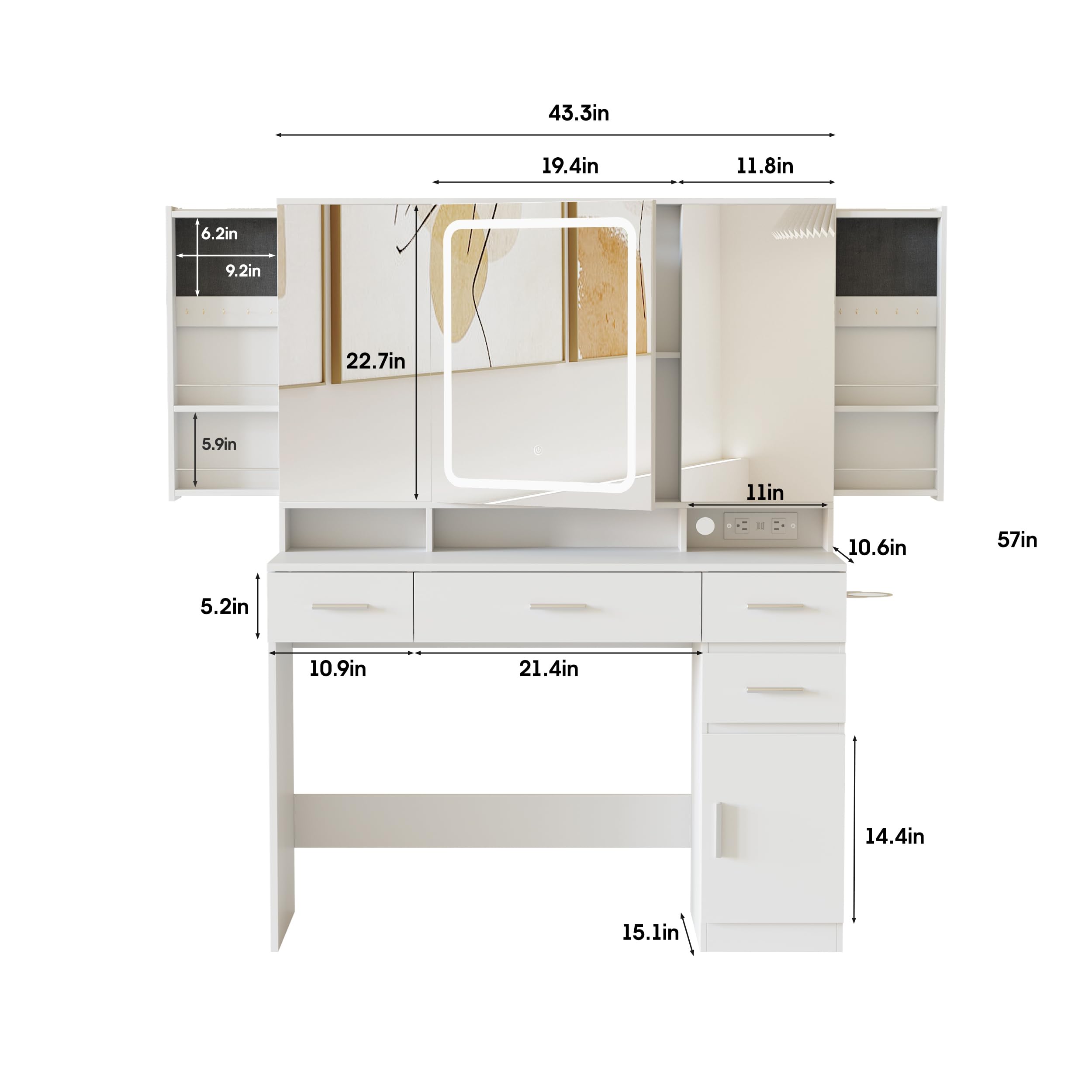 Vabches White Vanity Desk, Makeup Vanity Desk with Mirror and Lights, Vanity Table with Large Storage Drawers and Charging Stations, Sliding Jewelry Cabinets, 3 LED Lighting Modes Adjustable