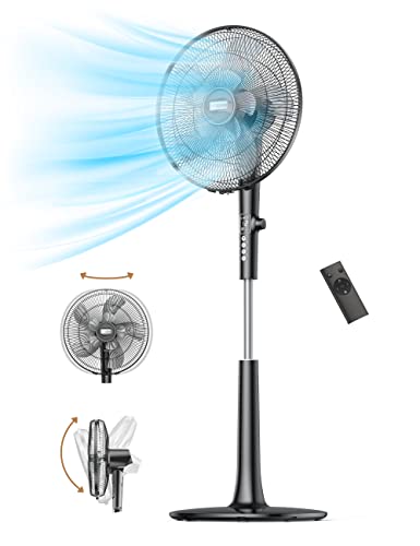 PARIS RHÔNE Fans for Home Bedroom, Oscillating Fan with Remote,16" Standing Floor Fans for Home, Dual Blade with 3 Wind Modes 12 Speed Levels,18-Hour Timer, Adjustable Height 44 to 53.1 Inch, Black